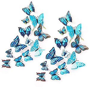 Tuxiaobu 24PCS Butterfly Wall Decal, Removable Refrigerator Magnets Mural Stickers, 3D Wall Stickers for Kids Home Room Art Decorations Wall, Double Wings - Blue