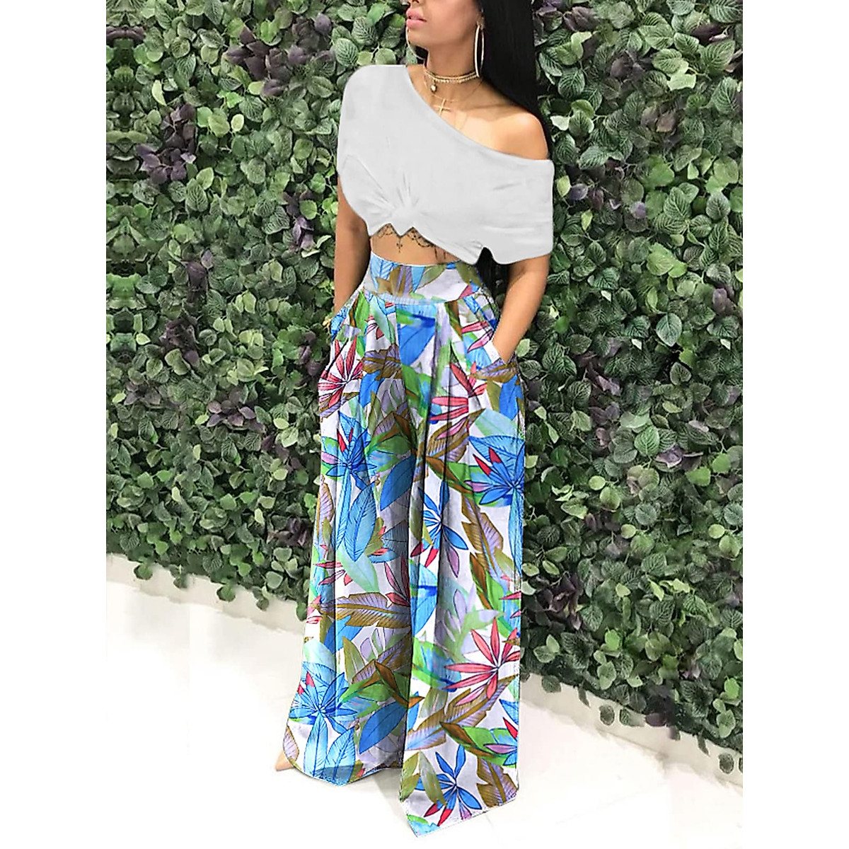 Famnbro Women's Boho Palazzo Pants Loose Fit Elastic High Waisted Long Wide Leg Trousers Plus Size