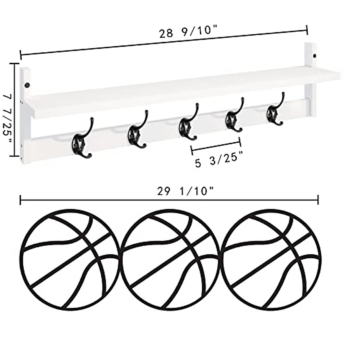 BAMEOS Wall Hooks with Shelf Entryway Wall Hanging Shelf Wood Coat Hooks for Wall with Shelf Wall-Mounted Coat Hook Rack with 5 Dual Hooks for Bathroom, Living Room, Bedroom (White-with Shelf)
