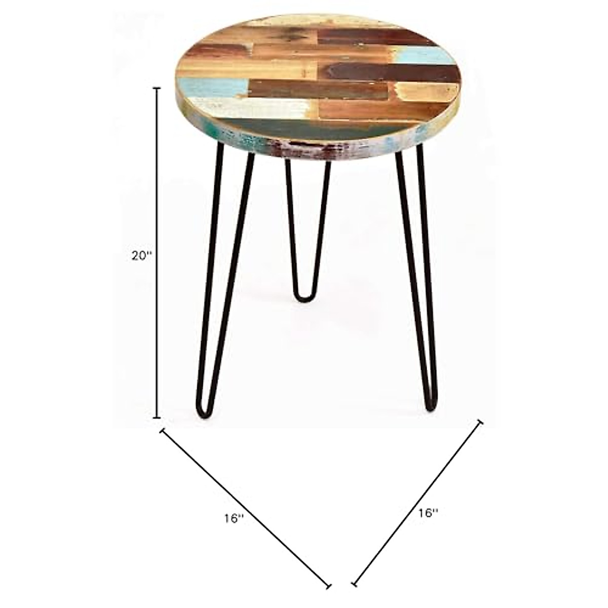 WELLAND Side Table Reclaimed Wood, Round Hairpin Leg End Table, Night Stand, Recycled Boat Wood, 20" Tall