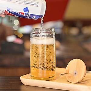 [ 8-Piece Set ] Bamboo Lid Glass Drinking Glasses with Glass Straw - 16-ounce Can Shaped Glassware for Beer, Iced Coffee, Cocktails, Whiskey, and More, Perfect for Cocktails, Whiskey, and Gifting