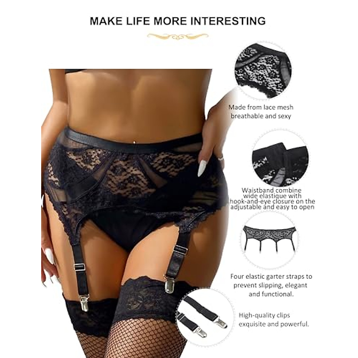 comeondear Lace Garter Belt for Women, High-Waisted Plus Size Garter Belts Set with Black Fishnets Thigh High Stockings and 4 Metal Clip Elastic Suspenders Black XL-2XL