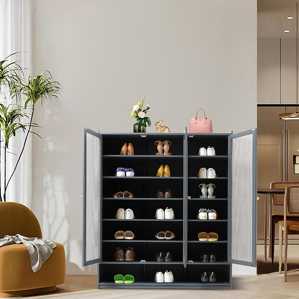 HaoYunNe 8 Tier Shoe Cabinet Entryway Shoe Rack Shelf with Doors Wooden Freestanding Shoe Organizer for Hallway Patio Living Room Bedroom Office,35.8x12.6x42.1 in, Loading 33 lbs per Layer