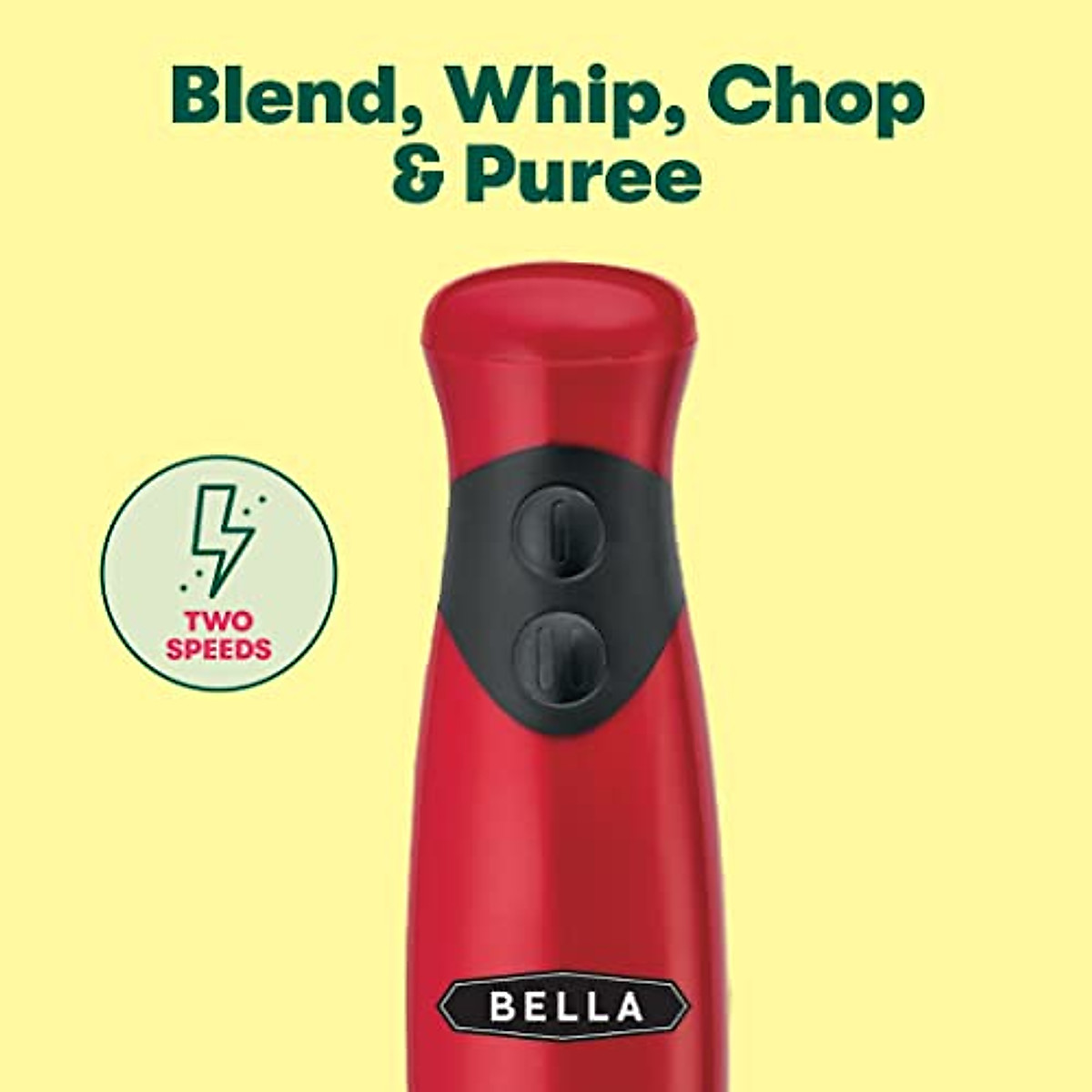 BELLA Immersion Hand Blender with Whisk Attachment, Quickly Mixes Sauces, Purees Soups, Smoothies & Dips, BPA-Free, Easy To Clean, Stainless Steel/Red
