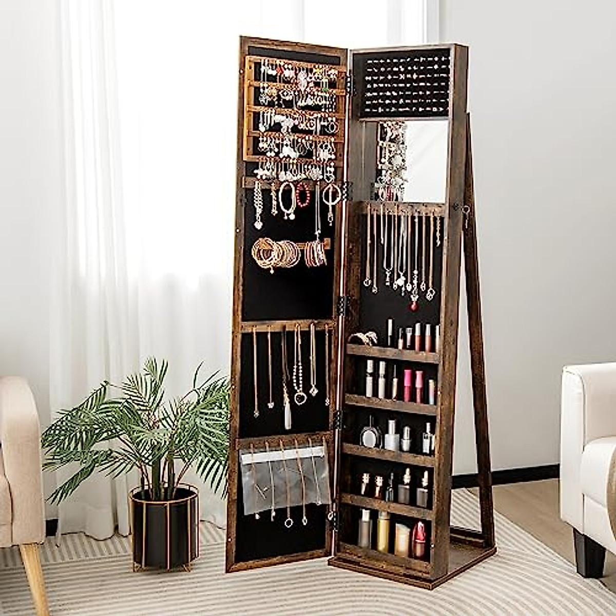 CHARMAID Jewelry Armoire with Higher Full Length Mirror, Lockable Jewelry Cabinet Organizer with Large Storage Capacity, Inside Makeup Mirror, Stable Base, Easy Assembly (Rustic Brown)