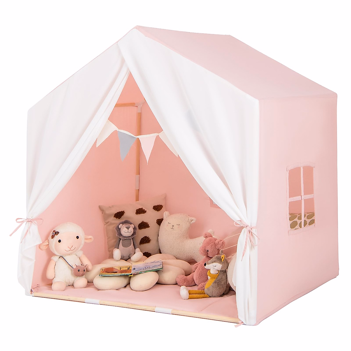HONEY JOY Kids Play Tent, Toddler Tent Indoor Playhouses with Mat, Windows, Curtain, Solid Wood Frame, 52" x36" x 52", Large Children Princess Castle Play Tent for Boys Girls (Pink)