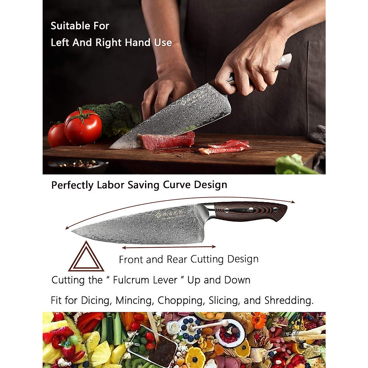 Damascus Chef Knife 8 Inch Kitchen Knives Professional Super Steel VG10 High Carbon Stainless Very Sharp Damascus Steel Knife Comfortable Ergonomic Micarta Handle Luxury Gift Box