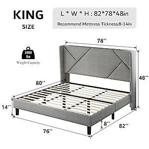 iPormis King Size Wingback Bed Frame, Modern Platform Bed with Minimalist Headboard, 8-in Storage Space/Heavy-Duty Structure/No Box Spring Needed/Noise-Free, Light Gray