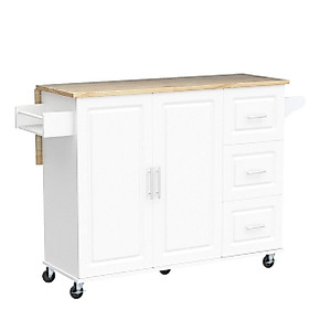 Unovivy Large Kitchen Island Cart with Drop Leaf, Kitchen Island with Storage, Rolling Kitchen Island with Adjustable Shelf Inside Cabinet, 3 Drawers, Spice Rack, Towel Rack and Wood Table Top