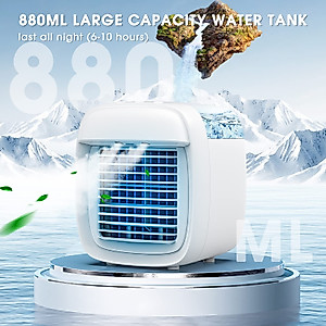 DOWILLDO Portable Air Conditioners, Mini Air Conditioner for Room with 880ML Water Tank, 3 Speeds Air Conditioner Fan with 7 Colors Night Light for Car, Kitchen, Home and Office