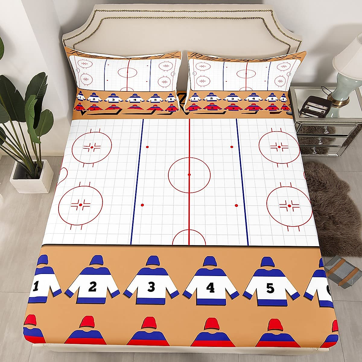 Ice Hockey Kids Fitted Sheet Twin Size,Abstract Ice Hockey Field Bedding Set,Boys Adults Bedroom Decor,Sportswear Winter Games Bed Cover,Stylish Brown Modern Bed Sheet,2pcs,1 Pillowcase