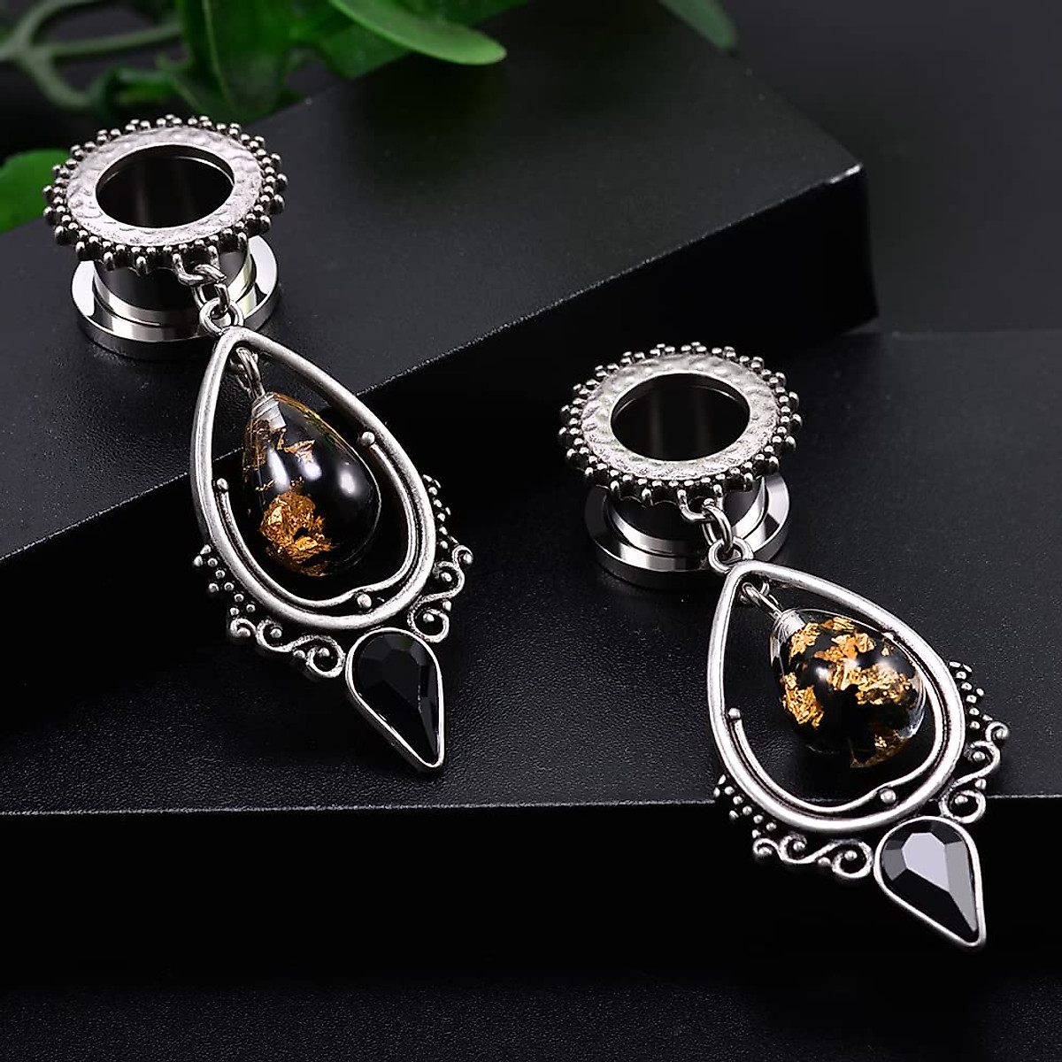 TBOSEN Stainless Steel Teardrop Black Obsidian Stone Large Dangle Bridal Plug Ear Gauges Stretching Tapers Screw Fit Tunnels (Gauge:00g(10mm))