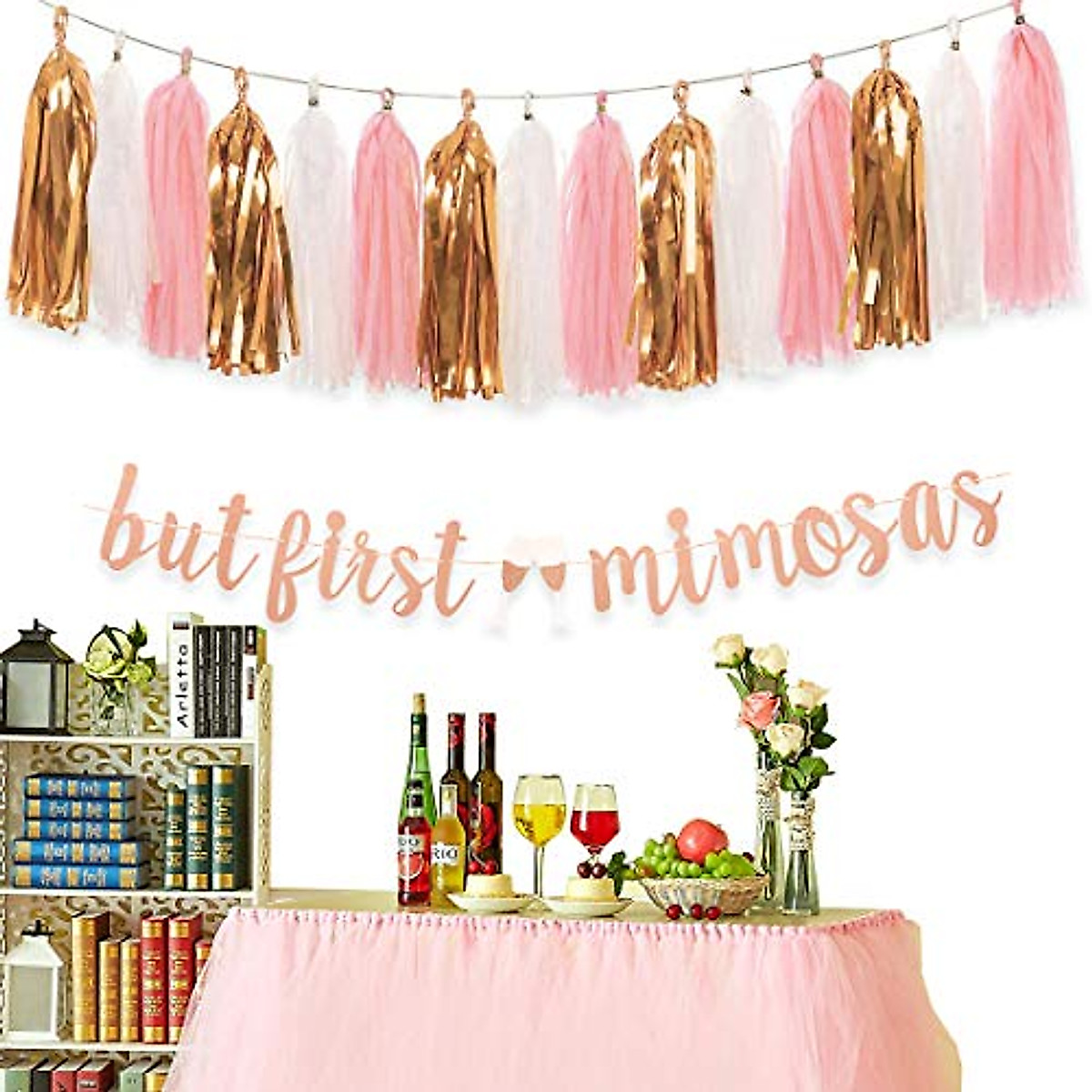 Aonor Rose Gold Mimosa Bar Bridal Shower Decorations Supplies – Glittery But First Mimosas Banner and Tissue Paper Tassels Garland for Wedding Baby Shower Party Bar Sign Decorations