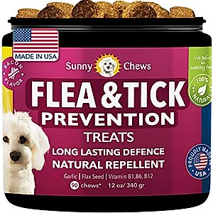 SUNNYCHEWS Flea and Tick Prevention for Dogs| Dog Flea & Tick Control Chewable| Dog Flea Treatment with Bacon Flavor| Natural Flea and Tick for Dogs| Dog Flea with Hemp, Garlic, Flaxseed, 12oz 90 chew