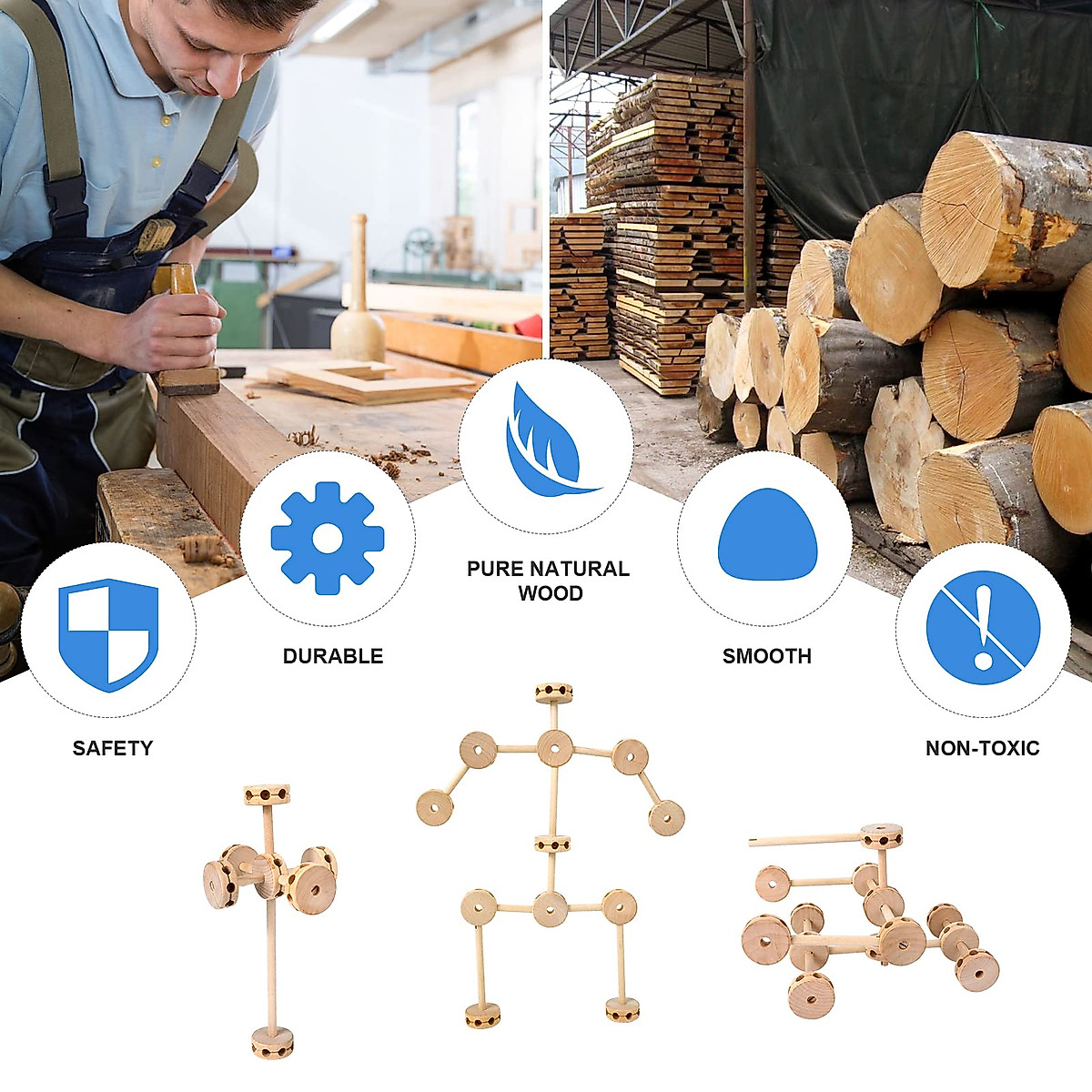 WODI Wooden Building Blocks，60 PCS Tiny Educational Natural Wood Stem Toys, DIY Wooden Blocks Splicing, Montessori Building Blocks Building Blocks for Kids Ages 4-8 to Create Various Shapes
