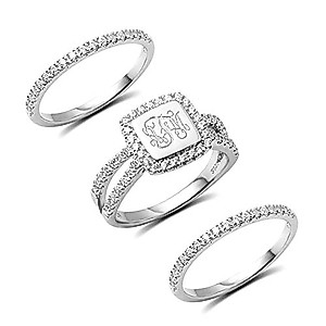 AILIN Custom Classic Square Monogram Ring 925 Sterling Silver CZ Personalized Engraving initials Rings Graduation Christmas Wedding Set Anniversary Mother’s Day Jewelry Gifts For Women Wife Daughter