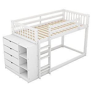 Harper & Bright Designs Twin Over Twin Bunk Bed with Storage Shelves, Kids Low Bunk Bed Frame with Bookcase, Floor Bunk Bed for Toddlers, Kids, Teens (New, White)