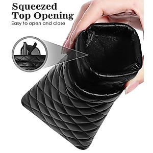 MoKo Double Eyeglasses Pouch with Carrying Strap, Soft PU Leather Large Squeeze Top Portable Sunglass Case with Cleaning Cloth for Women Men, Black