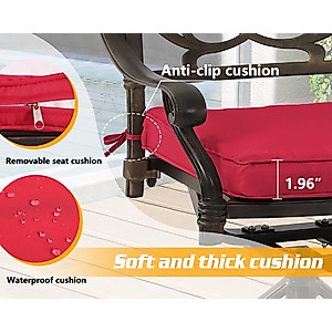 TITIMO Cast Aluminum 7-Piece Patio Dining Set with Cast-Top Table and Flower Swivel Rockers Chairs with Cushions, Outdoor Furniture Set for Backyard Porch Pool (Red)