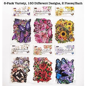 Knaid 300 Pieces Assorted Butterfly and Flower Stickers, Transparent Butterflies Floral Resin Decals Aesthetic Journaling Scrapbook Stickers for Card Making Bullet Junk Journal Planner Craft Supplies