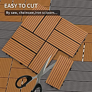 TONAHUTU 6PCS Interbuild Hardwood Interlocking Patio Deck Tiles, 12"x12" Wood Plastic Composite Tiles Outdoor Flooring for Patio Garden Deck Poolside Click Floor Decking Tile - Teak
