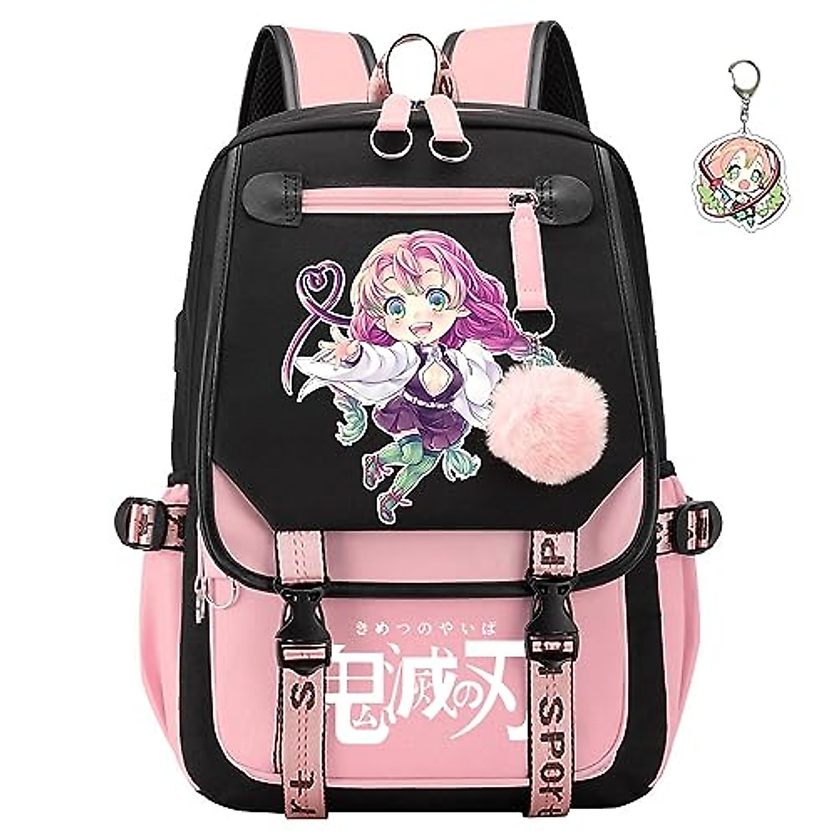 SodaMeow Anime Demon Backpack Rucksack Nezuko Backpack Slayer Bag Kimetsu no Yaiba with USB Charging Port, Free Keychain (Pink-Mitsuri)