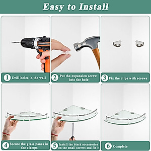 Boocalny 2 Pack Glass Corner Shelf, Corner Shower Shelf with Stainless Steel Rails, Tempered Glass Shower Caddy, Wall Mounted Glass Shelf for Bathroom Organization, 9.25x9.25x0.24in, Silver