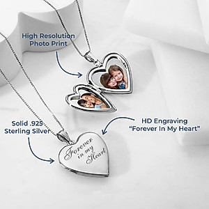 PicturesOnGold.com Forever in My Heart Locket Necklace for Women That Hold Pictures & Engraving in Personalized Sterling Silver (Locket + 1 Photo).