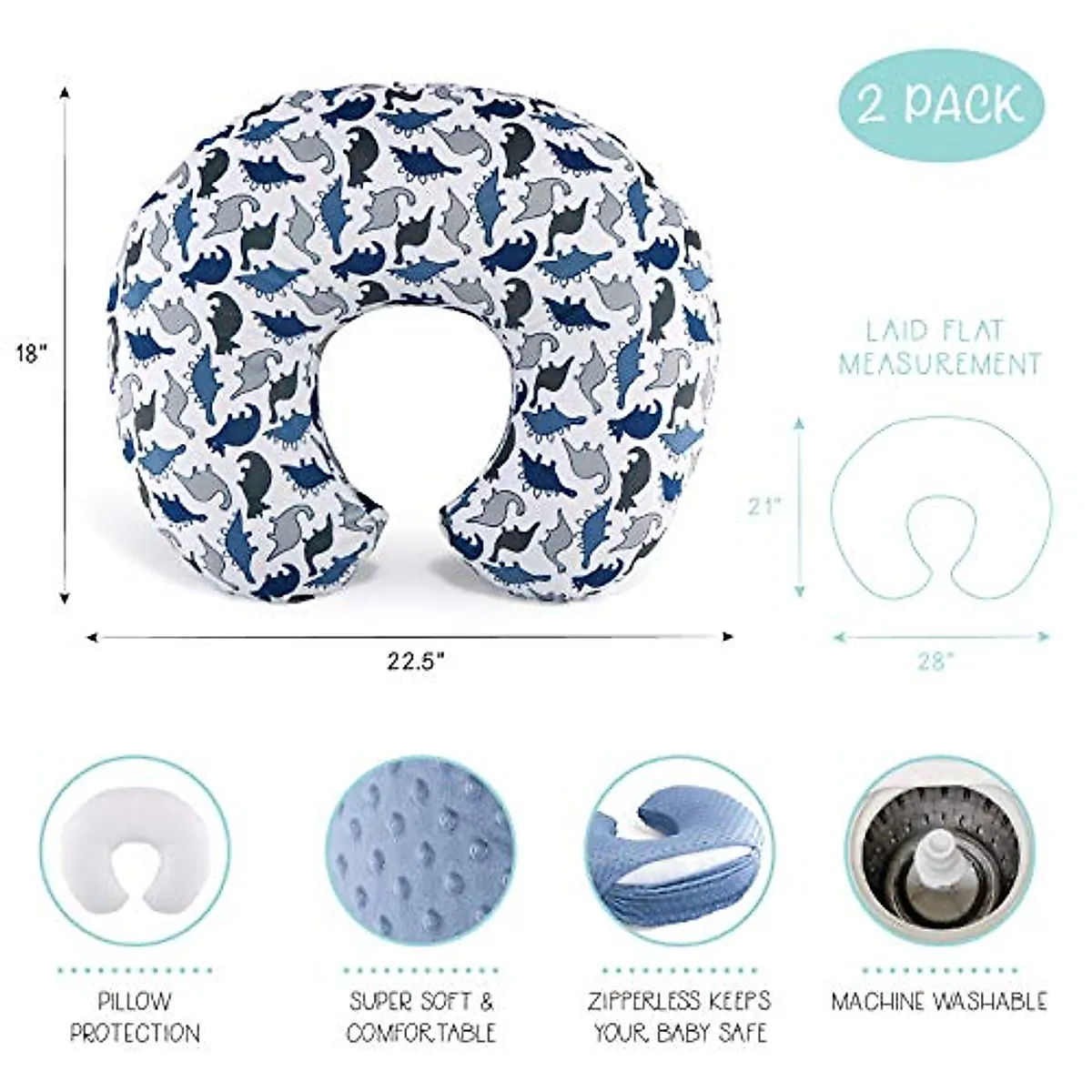 The Peanutshell Nursing Pillow Cover Set for Baby Boys or Girls | Dinosaur & Navy Blue Minky Dot | Unisex 2 Pack