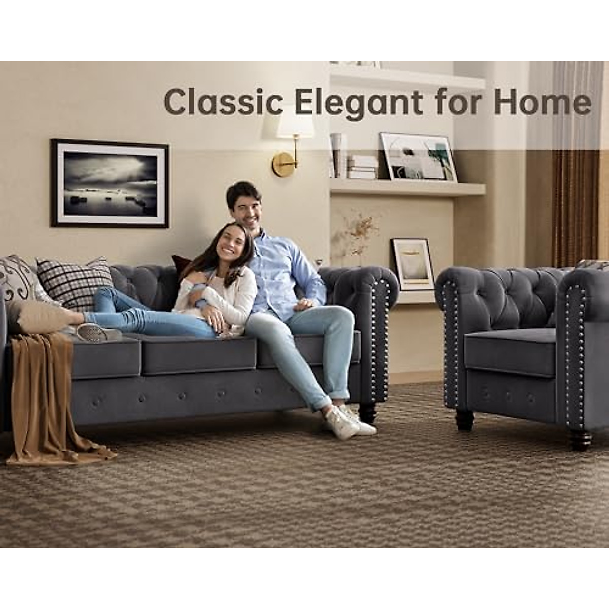 Morden Fort Classic Chesterfield Loveseat Set 60'', Tufted Loveseat Sofa Set with Solid Wood Legs Thick Cushion, Pet-Friendly 2-Seater Sofa Couch for Living Room Bedroom Apartment - Velvet Grey