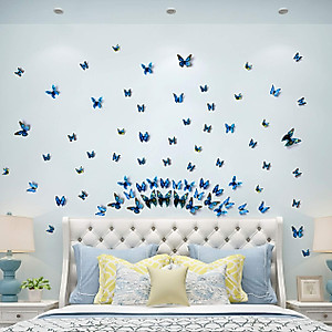 LiveGallery 72 PCS Blue Removable 3D DIY Beautiful Butterfly Wall Decals Blue Butterflies Art Decor Wall Stickers Murals for Kids Baby Boy Girls Bedroom Classroom Offices (Blue)