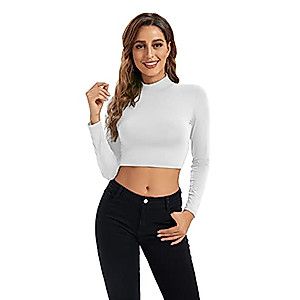 HoneyEcho Cropped Long Sleeve Tops for Women Turtleneck Long Sleeve Undershirts for Women Half Tees for Workout White X-Large