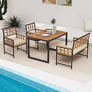 Tangkula 4 Piece Patio Dining Set, Outdoor Wood Dining Furniture W/ 2 Chairs & 1 Loveseat, 47” Acacia Wood Table W/Umbrella Hole, Cozy Seat Cushions, Outside Furniture Set for Backyard, Poolside