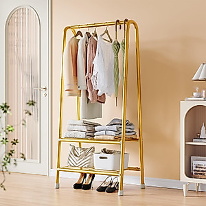 Gold Garment Rack, Metal Clothes Racks, Sturdy Clothing Racks, Premium Wardrobe Rack, Closet Organizers and Storage with Double Layer Shelf for Storing Clothes, Shoes, Bags, 24.4 * 13.8 * 62Inches