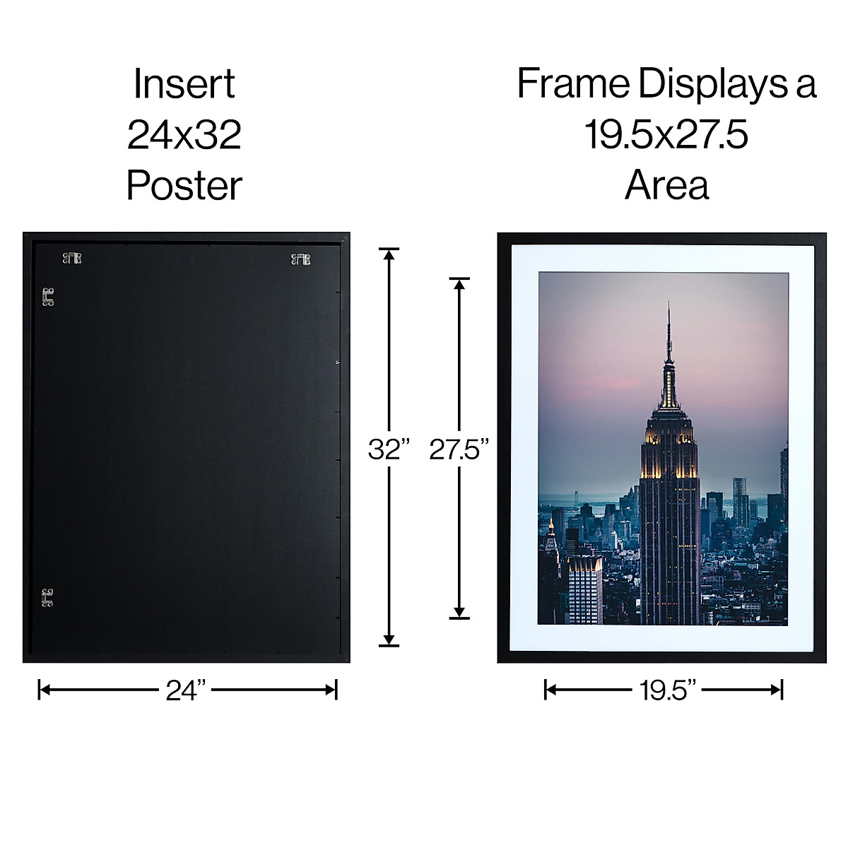 Frame Amo 24x32 Black Solid Wood Picture Frame with 19.5x27.5 White Mat Opening for 20x28 Image, 1 Inch Border, Acrylic Face