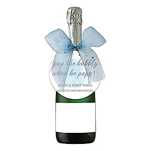 Miatoi Blue Pop It When He Pops Baby Shower Bottle Tags, Pop The Bubbly When He Pops Tags, Boys’ Champagne Baby Shower Favor Label with Bows, Blue Set, 60 Count (Pack of 1) (M-10)