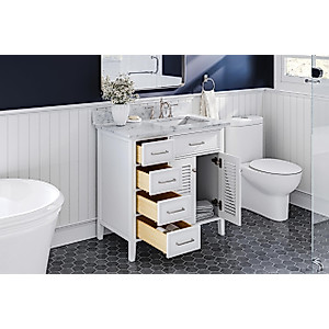 ARIEL Kensington Bathroom Vanity 37" Inch in White with Carrara White Marble Countertop, Right Offset Rectangular Sink, 2 Soft Closing Doors and 4 Full Extension Dovetail Drawers