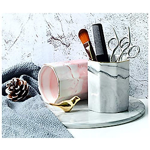 WAVEYU Pen Holder, Stand for Desk Marble Pattern Pencil Cup for Girls Kids Durable Ceramic Desk Organizer Makeup Brush Holder for Office, Classroom, Home, Gray Marble