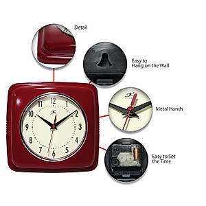 Infinity Instruments Square Silent Retro 9 inch Mid Century Modern Kitchen Diner Retro Wall Clock Quartz Sweep Movement (Red)