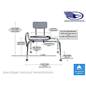 Pro-Slide Bathtub Transfer Bench and Sliding Shower Chair with Cut Out for Additional Cleaning (70311). Multiple Safety Features, Tool-Less Assembly, Height Adjustable and High Weight Capacity.