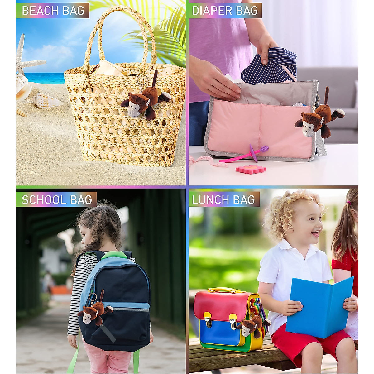 Puzzled Monkey Plush Keychain Stuffed Animal Toy - Soft Wild Life Animal Brown Chimp Charm Keyring, Cute Decorative Plush Toy Accessory Fun Buddy - 4 Inches