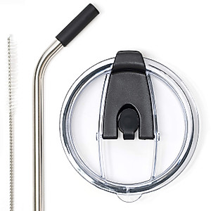 Spill Proof Tumbler Lid with Angled Stainless Steel Straw + Silicone Straw Tip + Straw Cleaning Brush for Yeti Rambler or Ozark Trail Tumblers (30oz, Black)