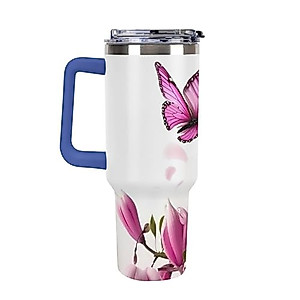 Magnolia Plant Flora Butterfly 40 Oz Stainless Steel Cup Travel Tumbler with Handle and Straw Lightweight Coffee Mug for Home Office
