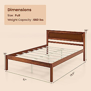 Giantex Wood Full Platform Bed with Headboard, Mid Century Solid Wood Bed Frame with Wood Slat Support, Wooden Mattress Foundation with 12" Under Bed Storage for Bedroom, Easy Assembly, Walnut