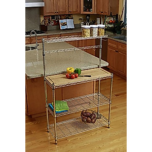 TRINITY EcoStorage Bakers Rack and Pantry Organizer with 3 Shelves, Removable Bamboo Work Surface, and Hooks for Kitchen Organization and Food Preparation, Chrome, 36” W x 14” D x 60” H