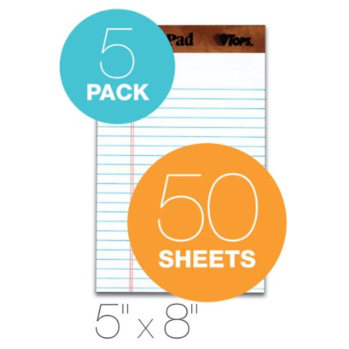 TOPS The Legal Pad Legal Pad, 5 x 8 Inches, Perforated, White, Narrow Rule, 50 Sheets per Pad, 5 Pads per Pack (75008)