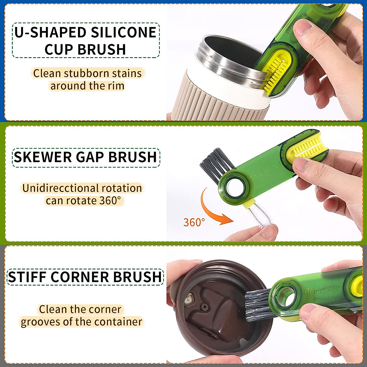 3 in 1 Multifunctional Cleaning Brush 3 Pack Bottle Cleaner Brush Insulation Cup Crevice Cleaning Tools Tiny Bottle Cup Lid Brush Cleaner Brush Suitable for All Kinds of Cups and Bottles