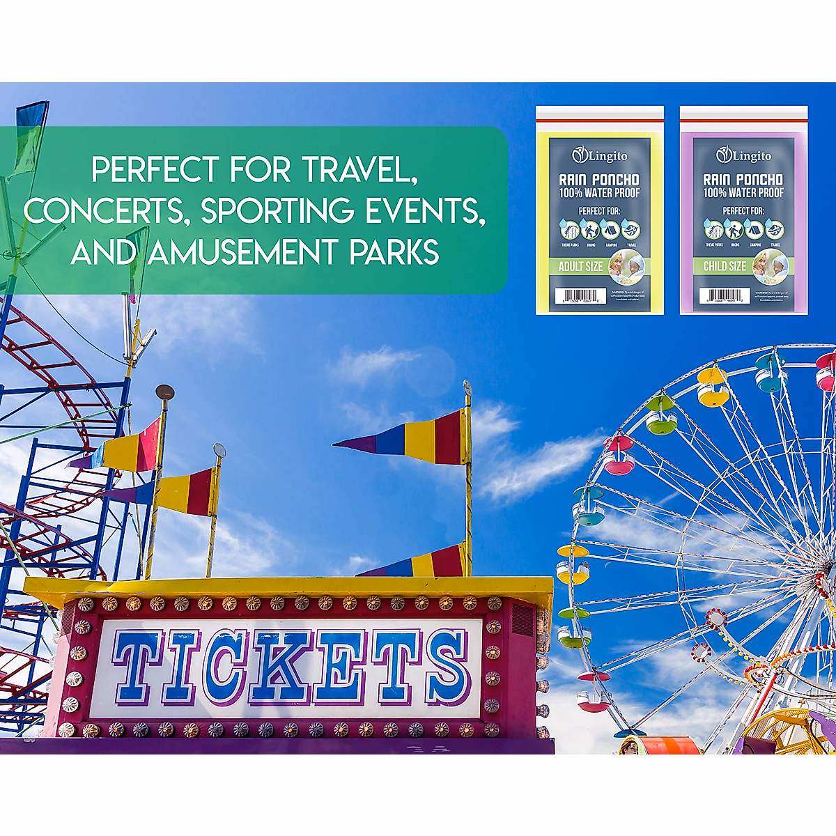 Lingito Rain Ponchos Family Pack | 12-Piece Emergency Drawstring Hood Poncho for Children and Adults | Lightweight Reusable or Disposable