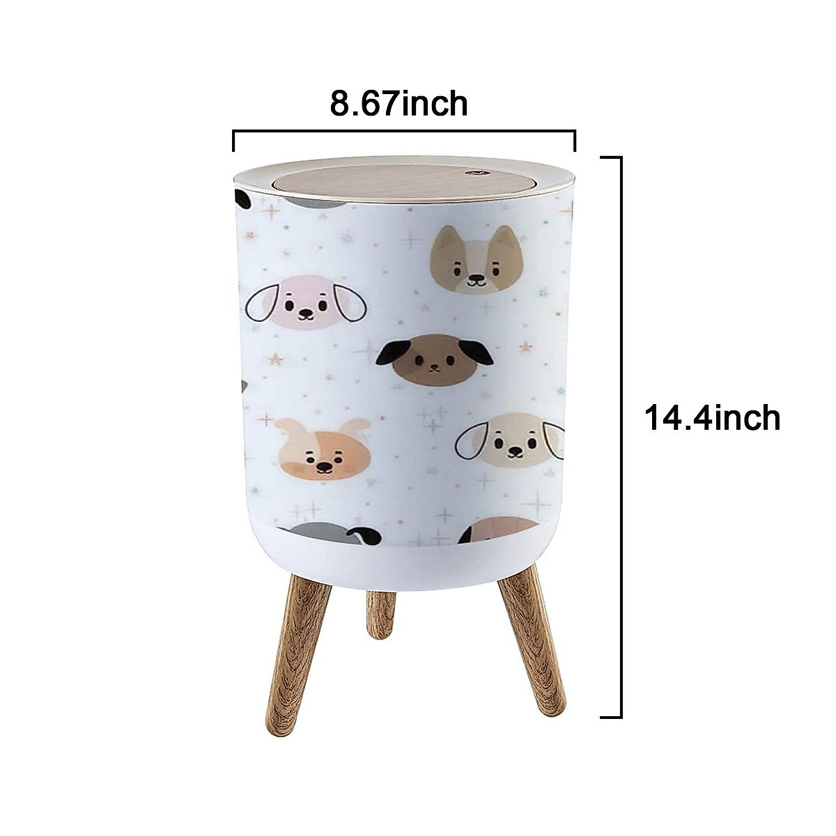 Small Trash Can with Lid Seamless with cartoon dogs for kids Abstract art print with puppies Waste Bin with Wood Legs Press Cover Wastebasket Round Garbage Bin for Kitchen Bathroom Bedroom Office