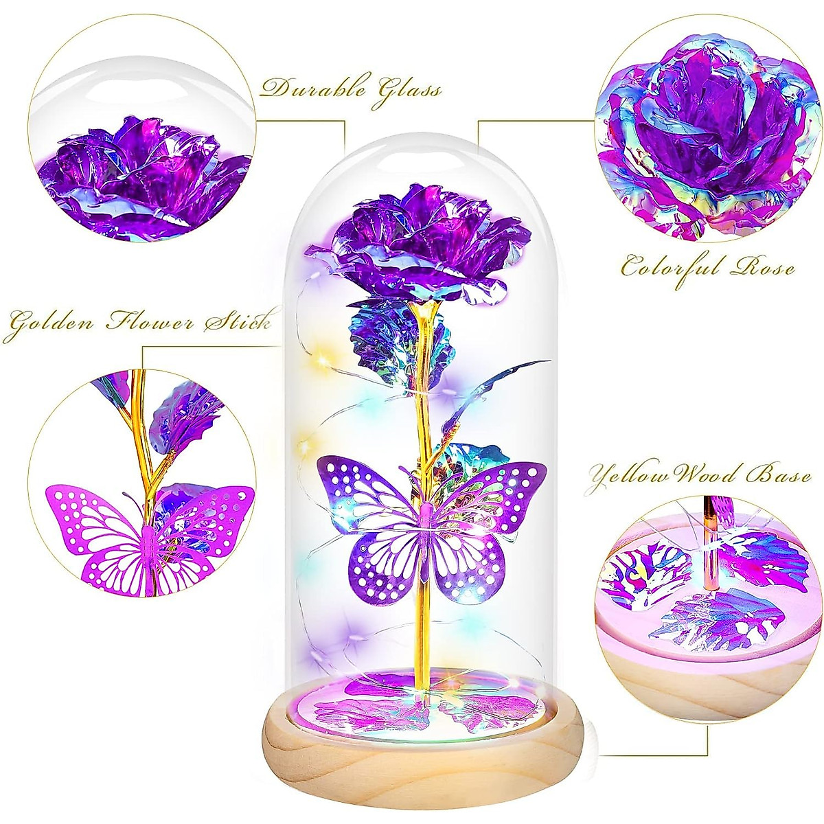 QUNPON Mothers Day Glass Rose Light Up Rose Gifts for Mom Women Birthday Gifts Colorful Rainbow Artificial Flower Rose Gift in A Glass Dome Valentines Mother's Day for Her Women